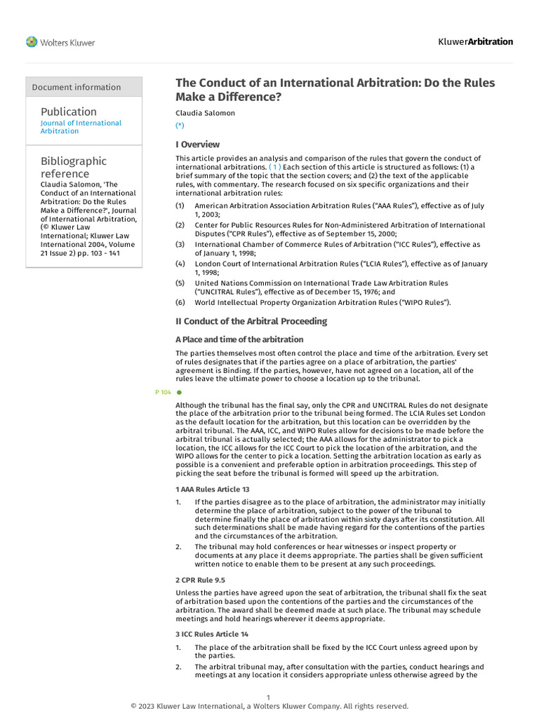 The Conduct Of An International Arbitration Do The Rules Make A