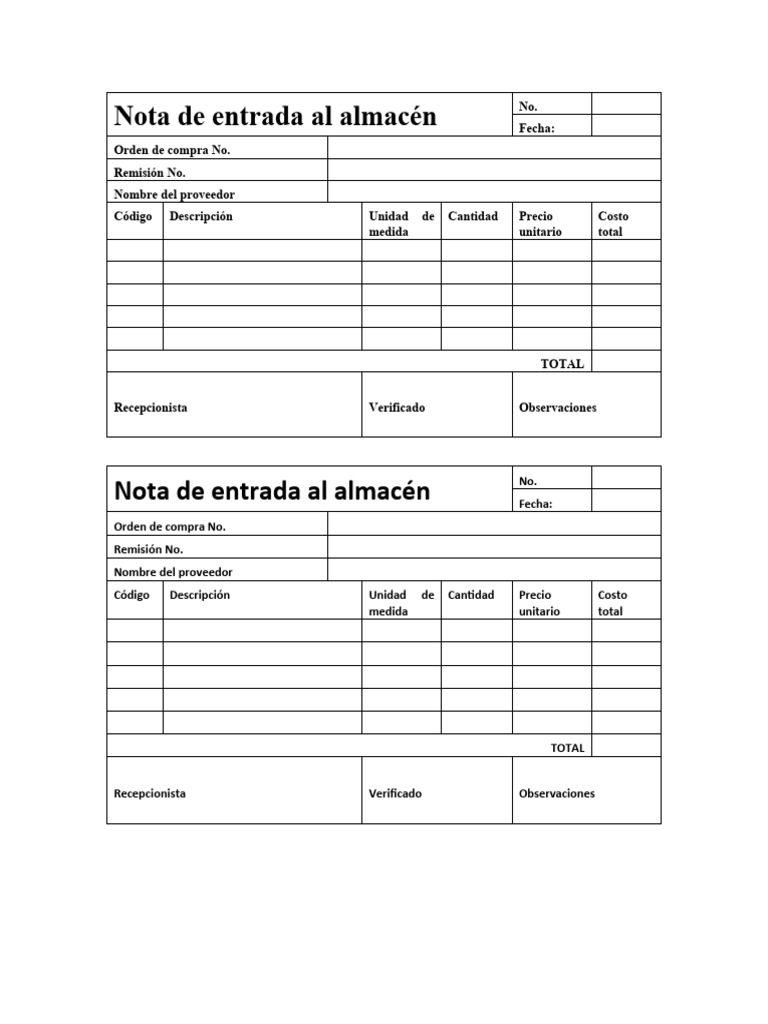Formatos (Nota de Entrada, Vale de Salida y Tarjeta de Control) | PDF