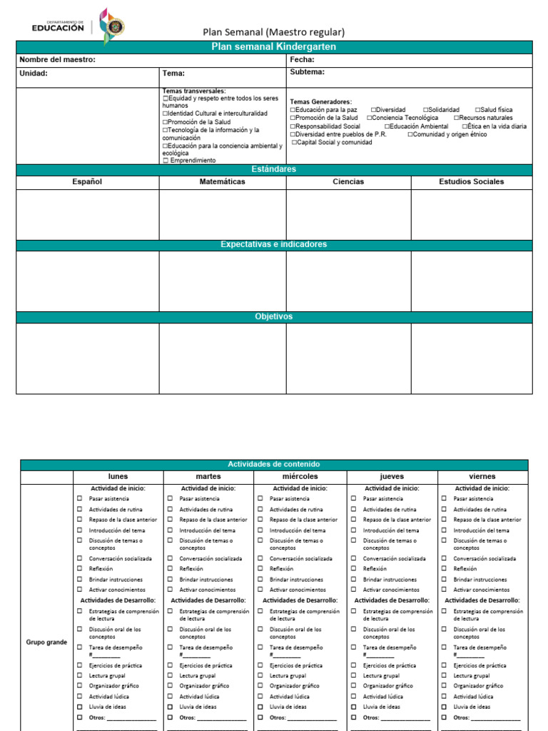 Plan Semanal Kinder | PDF | Educación de la primera infancia | Evaluación