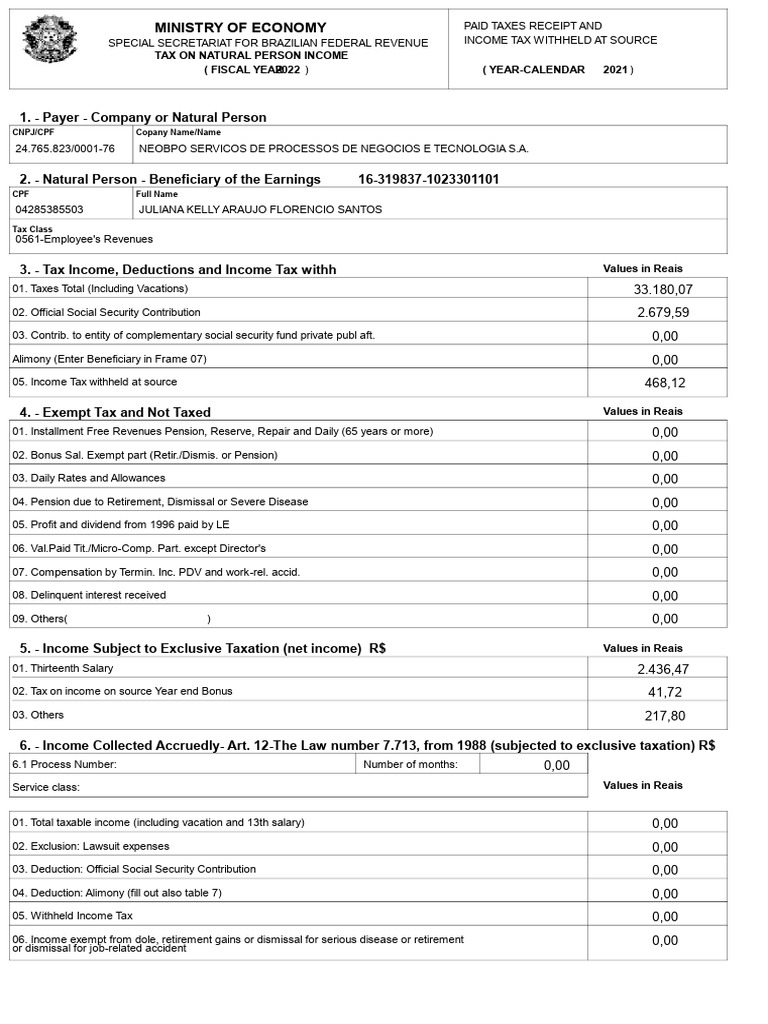 Ministry of Economy: CNPJ/CPF Copany Name/Name | PDF | Taxes | Income Tax