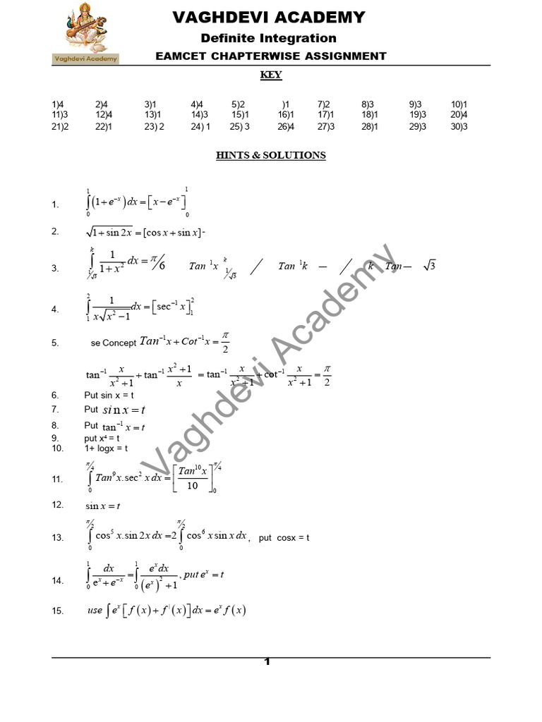 Definite Integration Eamcet Assignment Solns | PDF
