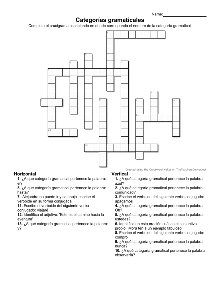 Crucigrama de Categorias Gramaticales | PDF | Parte del discurso | Verbo