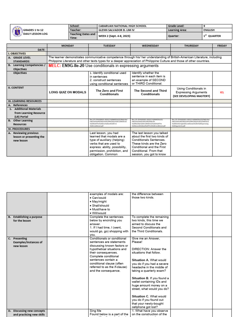 Grade 9 Conditionals Lesson Plan | PDF | Sentence (Linguistics) | Verb