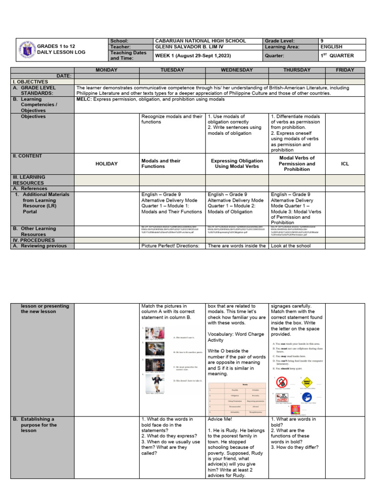 ENGLISH 9 Q1 W1 Express Permission, Obligation, and Prohibition Using ...
