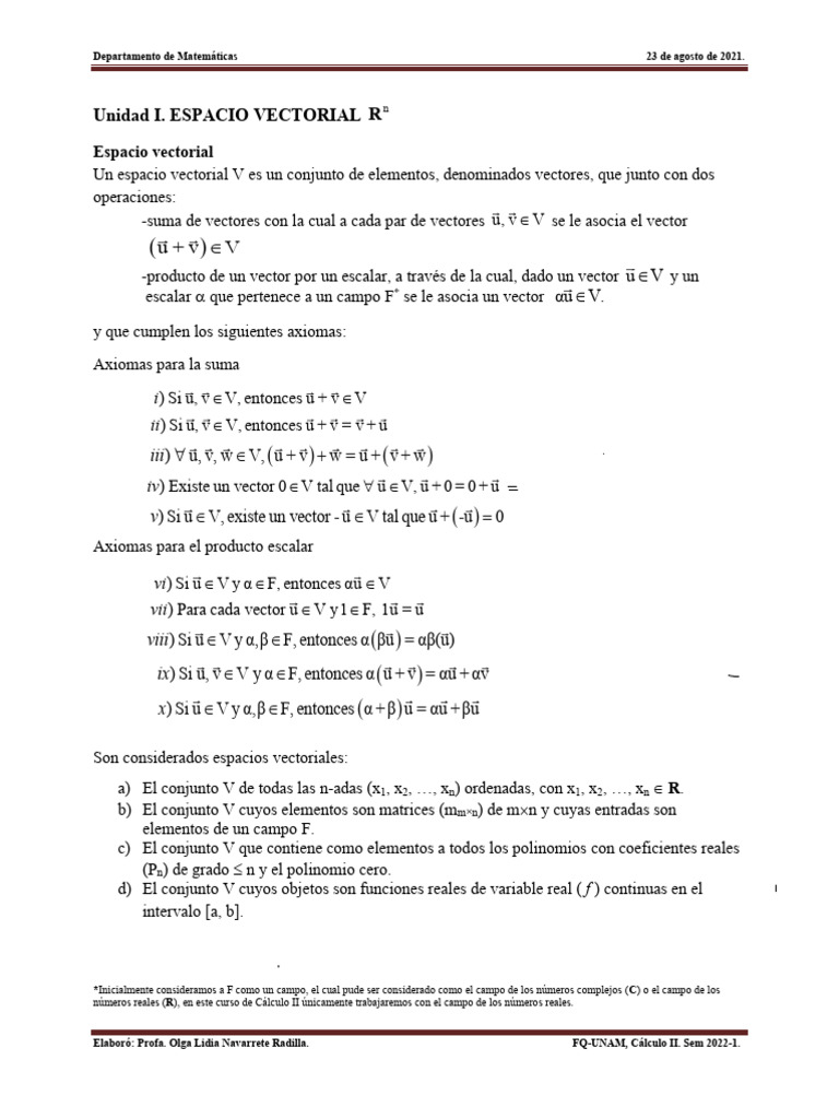 Espacios Vectoriales Y Axiomas En Cálculo Ii Pdf Métodos Y