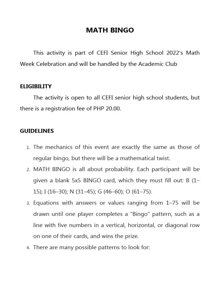 Math Bingo Mechanics for CEFI Students | PDF