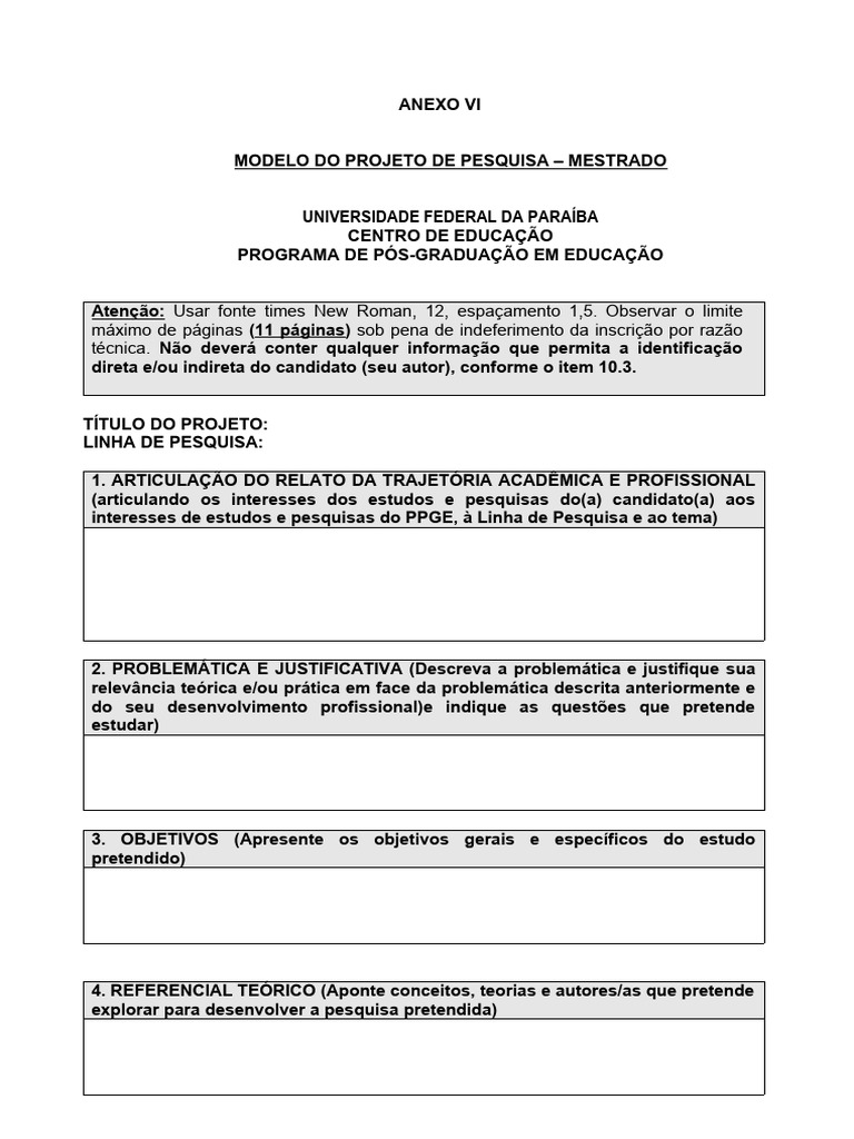 MODELO DE PROJETO EM WORD - Edital Nº 05 PPGE - Processo Seletivo ...