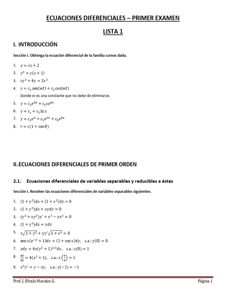 Examen1 - Lista1 - EcuacionesDiferenciales 2023-2 | PDF | Ecuaciones | Objetos matemáticos