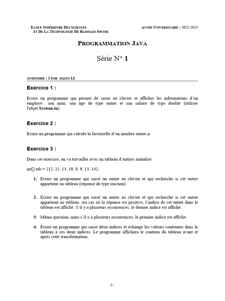 Exercices de Programmation Java 2022-2023 | PDF