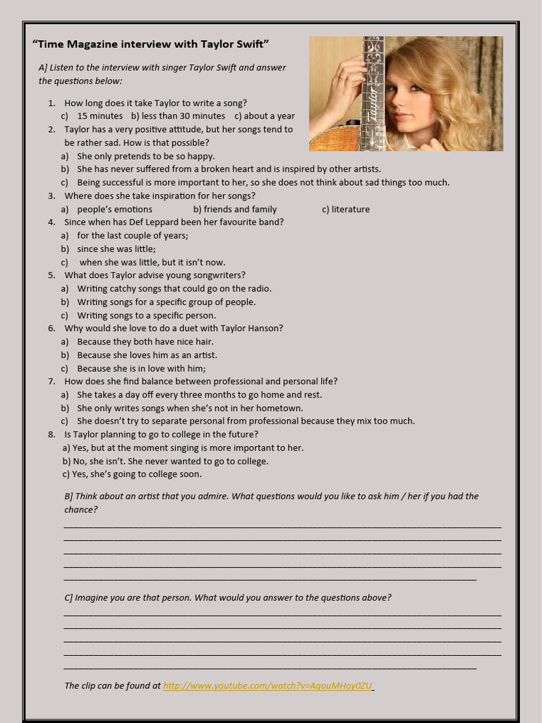 Interview With Taylor Swift Conversation Topics Dialogs Fun Activities ...
