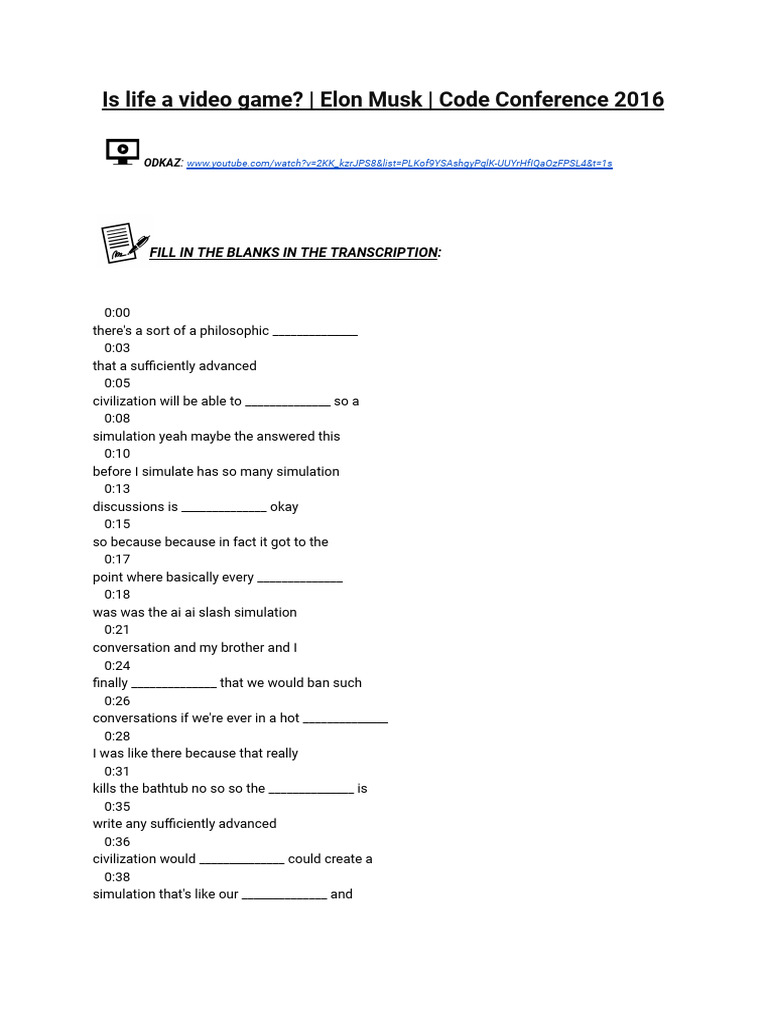Is Life A Video Game Elon Musk Code Conference 2016 WORKSHEET | PDF