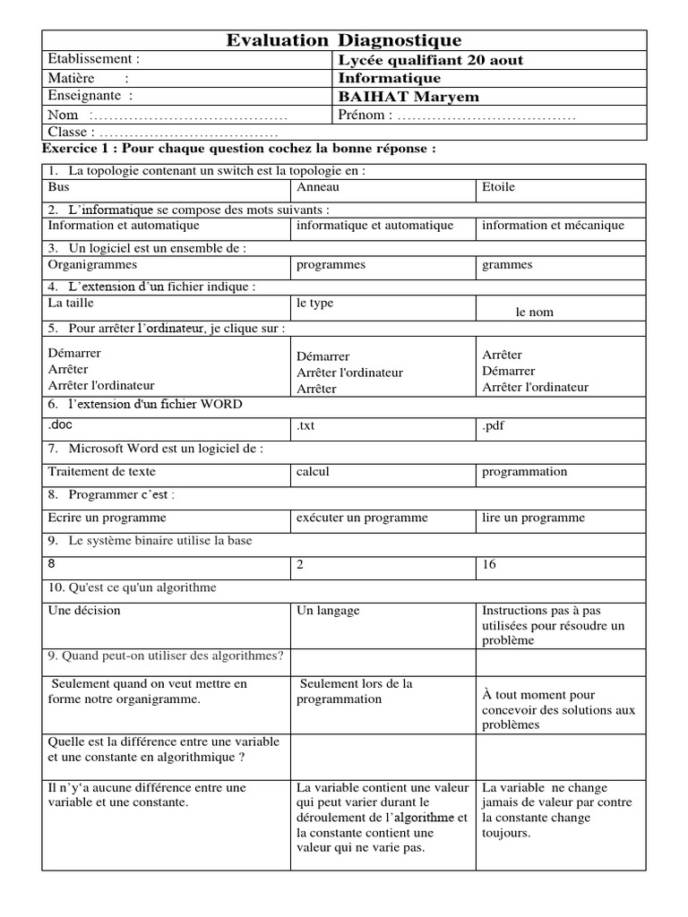 Evaluation Diagnostique | PDF | Informatique | Programme informatique