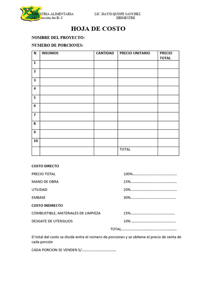 Hoja de Costo 3ero y 4to Ept | PDF