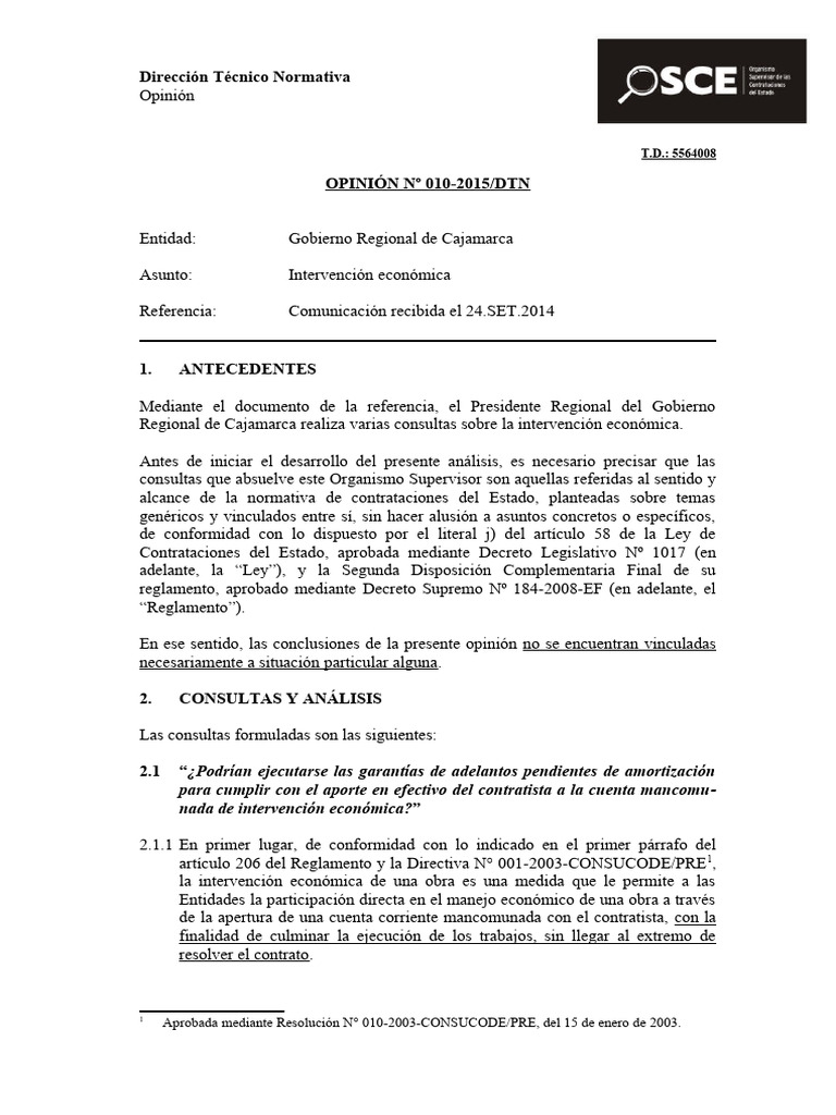 OPINIÓN OSCE N°010-2015 - Intervención Económica de Obra | Descargar gratis PDF | Regulación ...