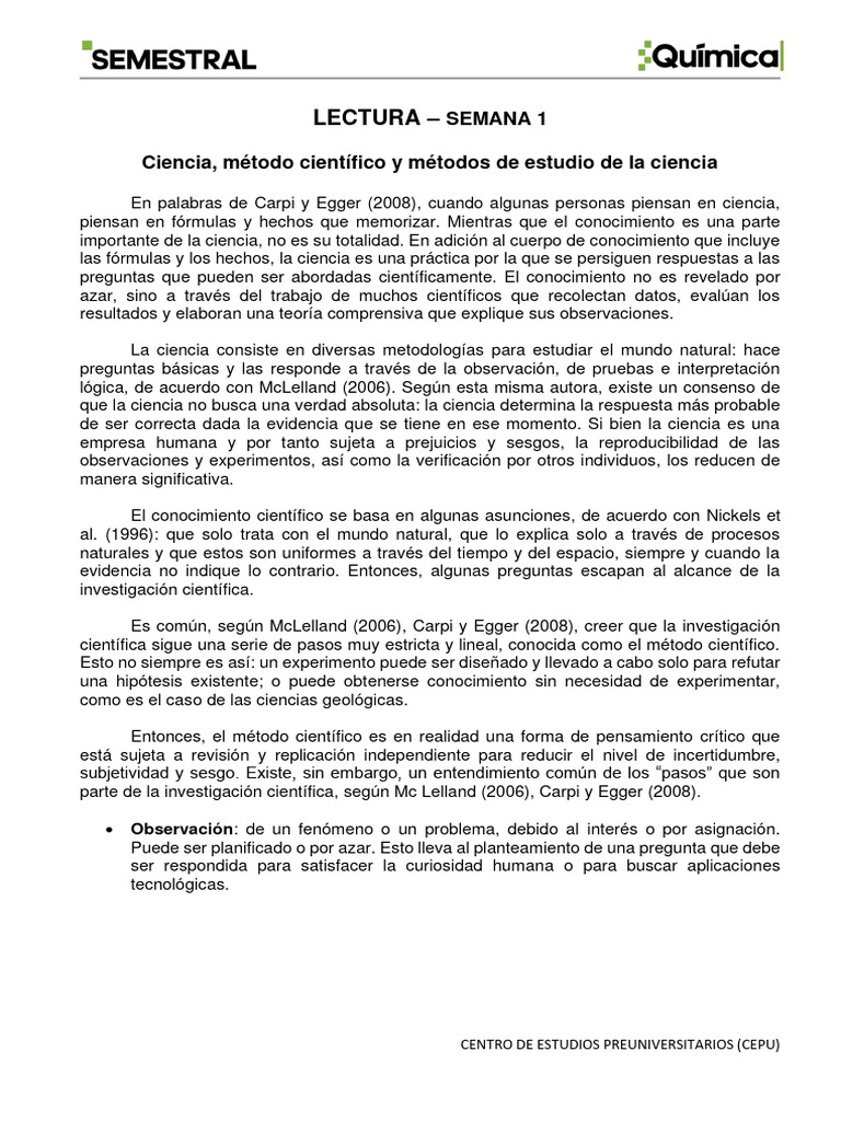 2 - Química - Lectura - Semana 1 | PDF | Método científico | Experimentar