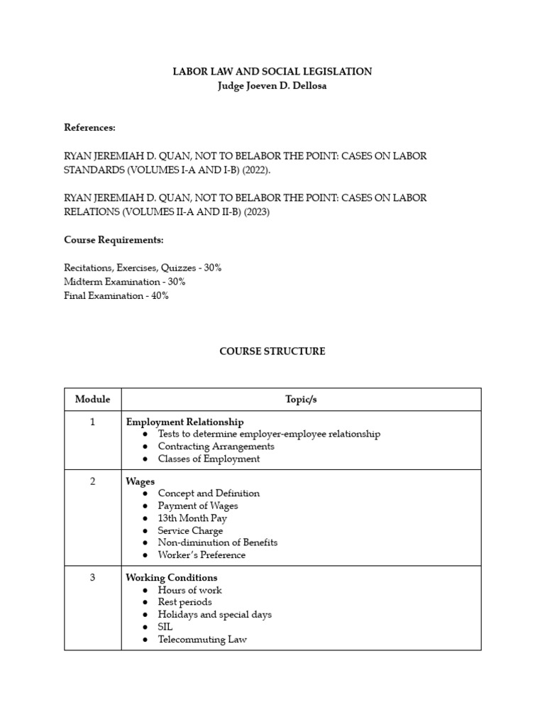 Labor 1 Syllabus Pdf Employment Labor