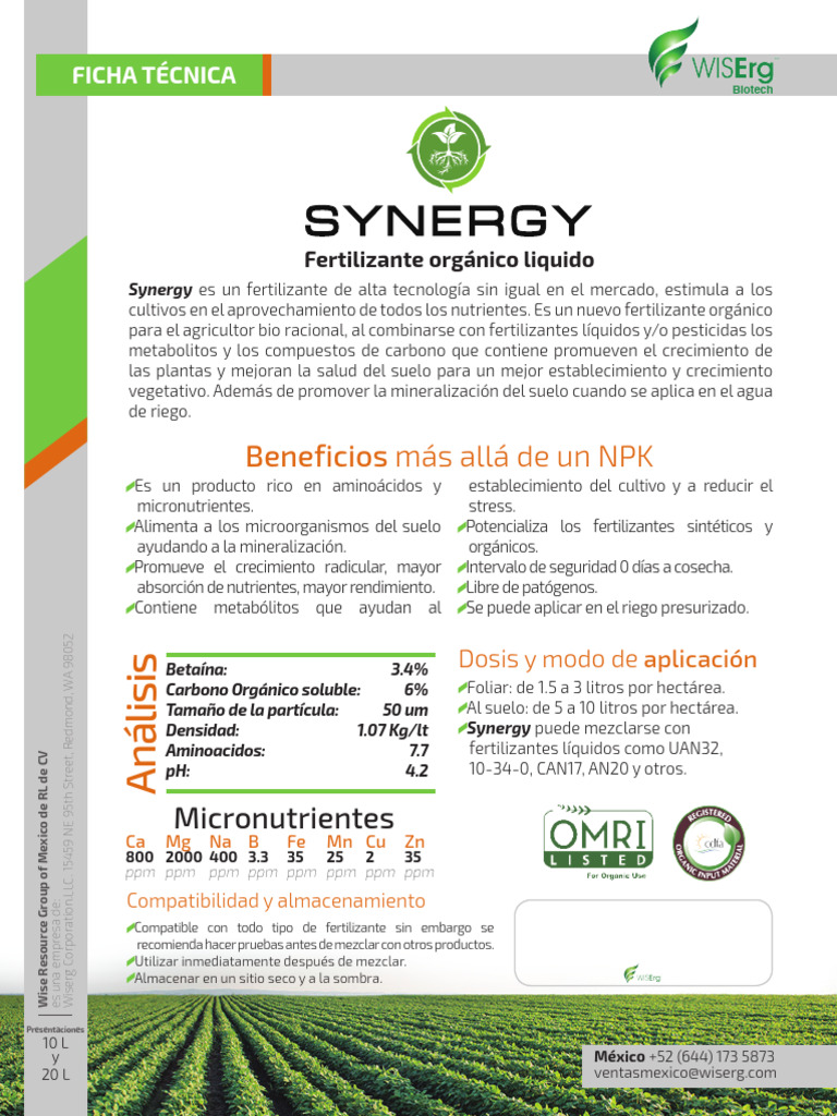 Ficha Tecnica Sinergy | PDF | Fertilizante | Suelo