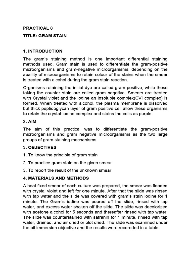 Prac 8 Micro 2 S2 Lab Report 2020 | PDF | Gram Positive Bacteria | Staining