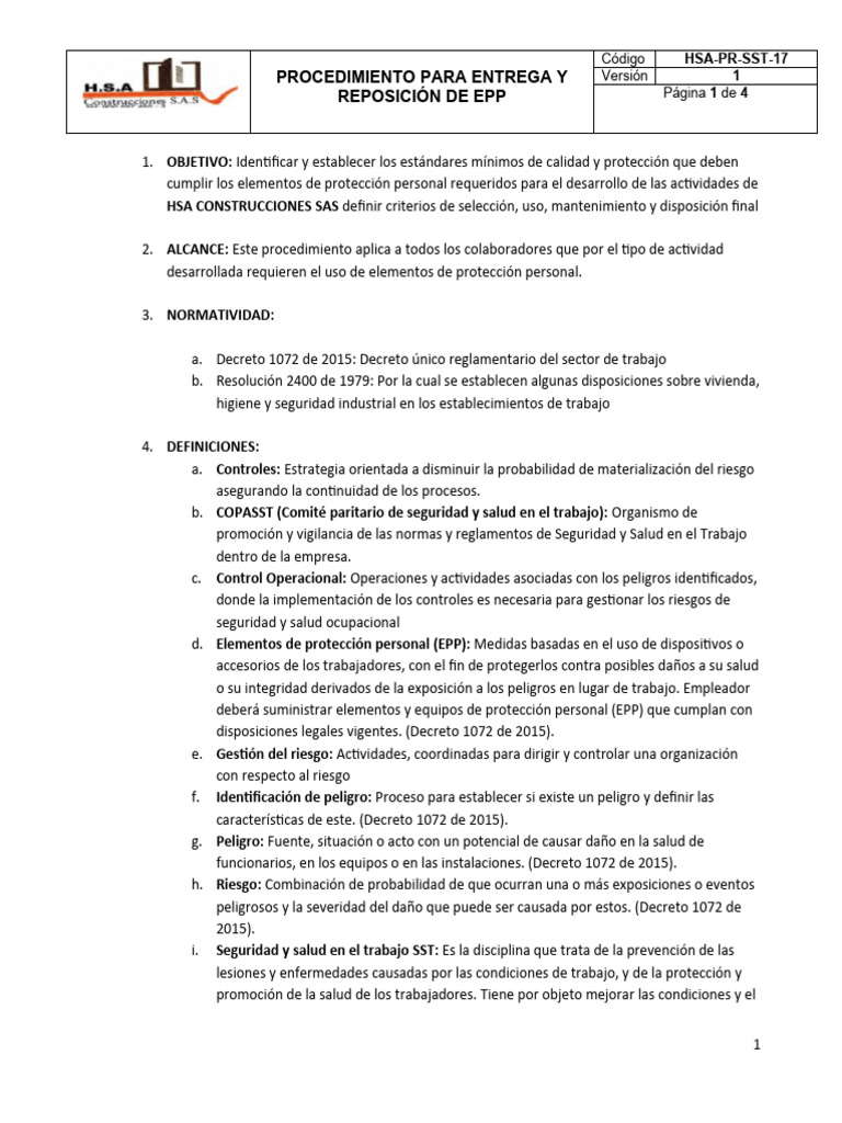 Hsa-Pr-Sst-17 Procedimiento para Entrega y Reposición de Epp | PDF | Seguridad y salud ocupacional