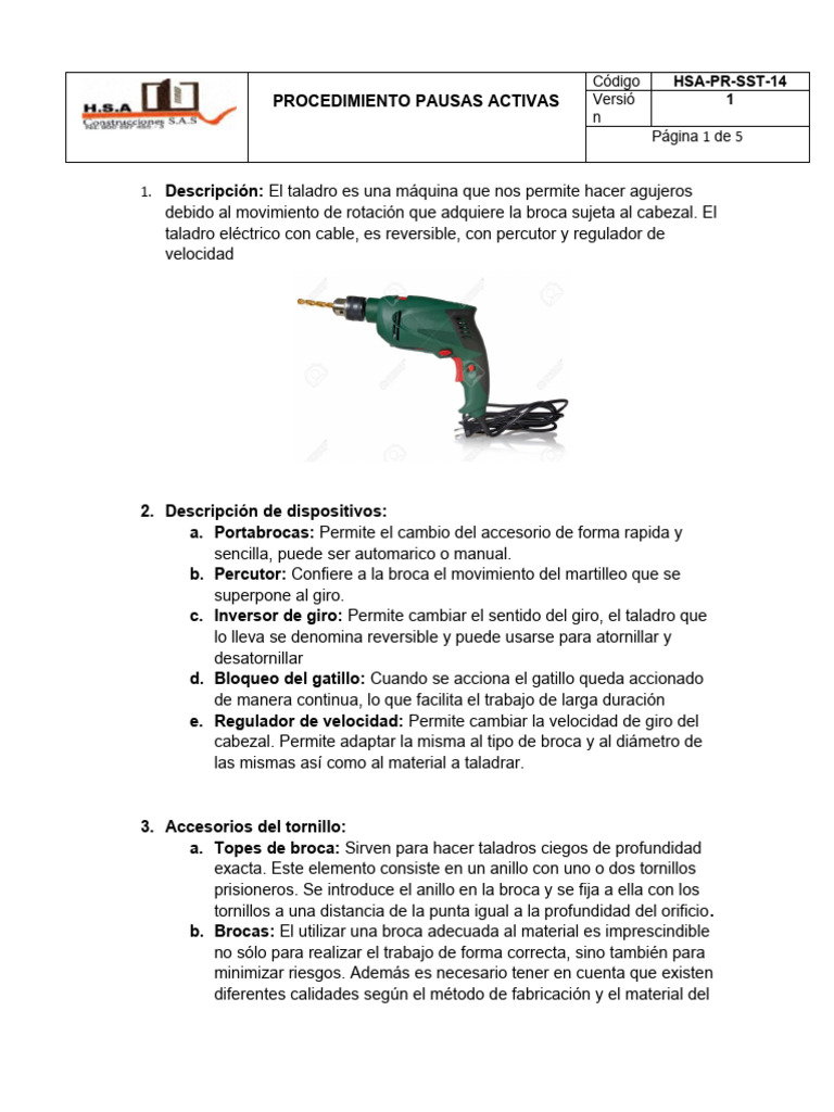 HSA-PR-SST-15 FICHA DE PREVENCIÓN TALADRO | PDF | Perforar | Herramientas