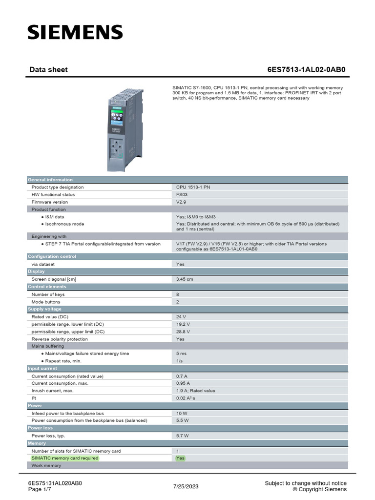 6ES75131AL020AB0 Datasheet en S7-1500 | PDF | Network Protocols ...