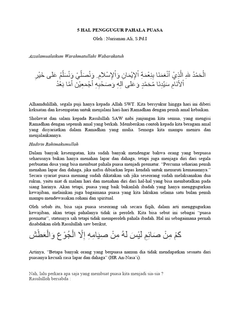 Teks Kultum - 5 Hal Penggugur Pahala Puasa | PDF
