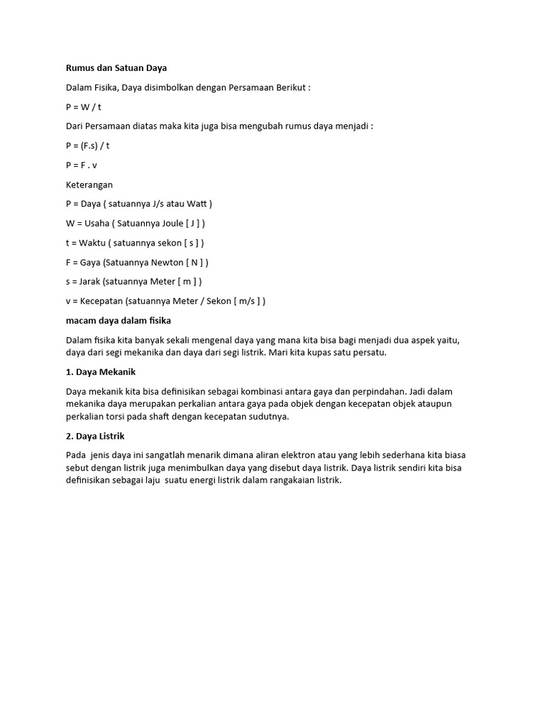 Rumus Dan Satuan Daya Serta Macam Daya | PDF