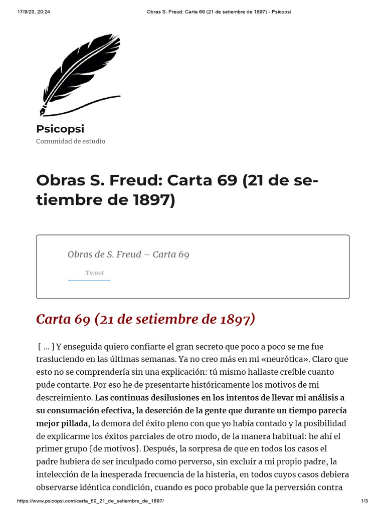 Obras S. Freud - Carta 69 (21 de Setiembre de 1897) - Psicopsi | Descargar gratis PDF | Neurosis ...