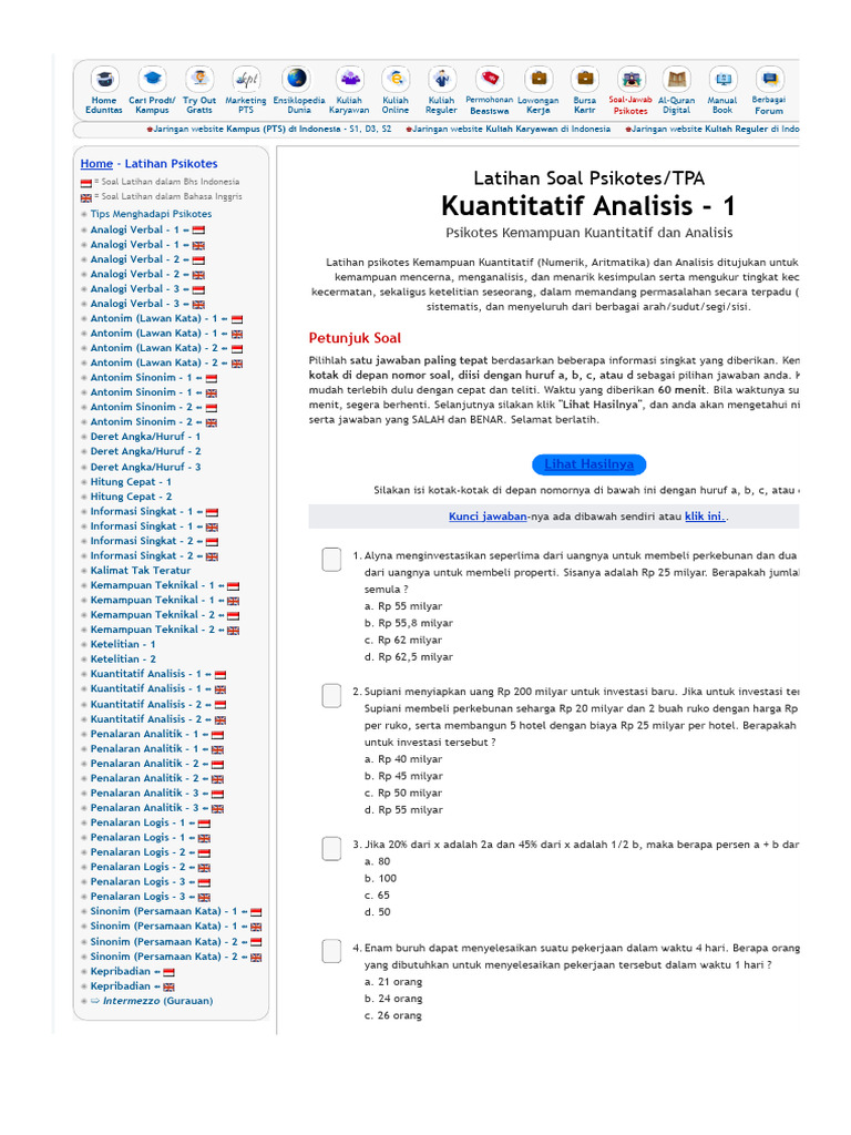 Soal Latihan Psikotes Kuantitatif | PDF