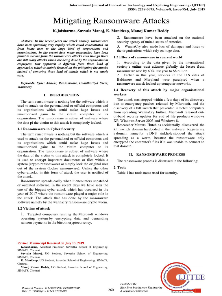 Mitigating Ransomware Attacks: K.Jaisharma, Suvvala Manoj, K. Manideep, Manoj Kumar Reddy | PDF ...