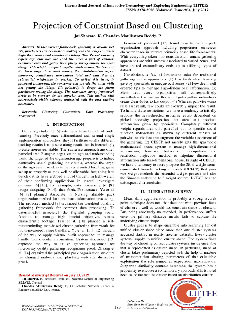 Projection of Constraint Based On Clustering: Jai Sharma. K, Chandra Mouliswara Reddy. P | PDF ...