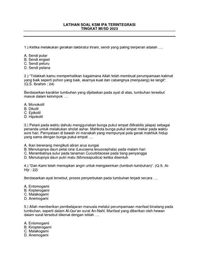 LATIHAN SOAL KSM IPA TERINTEGRASI MI 2023_masagipedia | PDF
