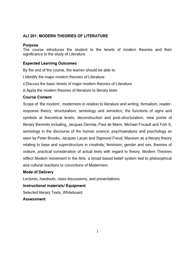 ALI 201 Modern Theories of Lit | PDF | Semiotics | Literary Theory
