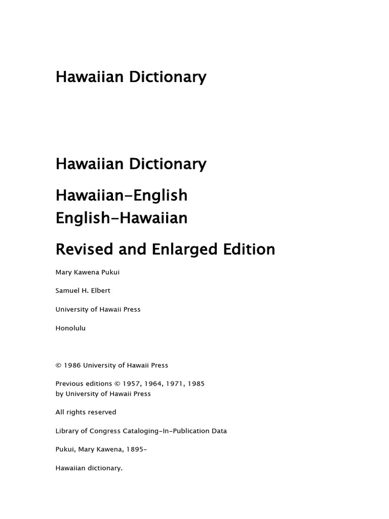 Hawaiian Dictionary Hawaiian-English, English-Hawaiian (Mary Kawena ...