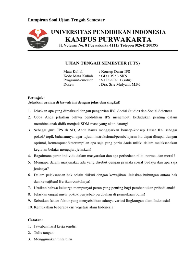 Soal UTS Konsep Dasar IPS S1 PGSD | PDF | Pengembangan Diri