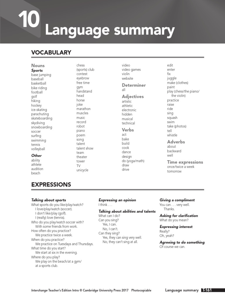 Interchange5thEd IntroLevel Language Summary Unit10 | PDF | Linguistics | Linguistic Typology