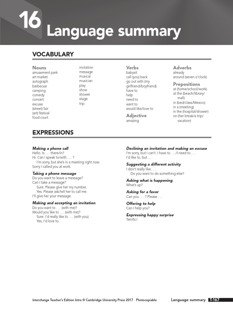 Interchange5thEd IntroLevel Language Summary Unit16 | PDF | Adverb ...