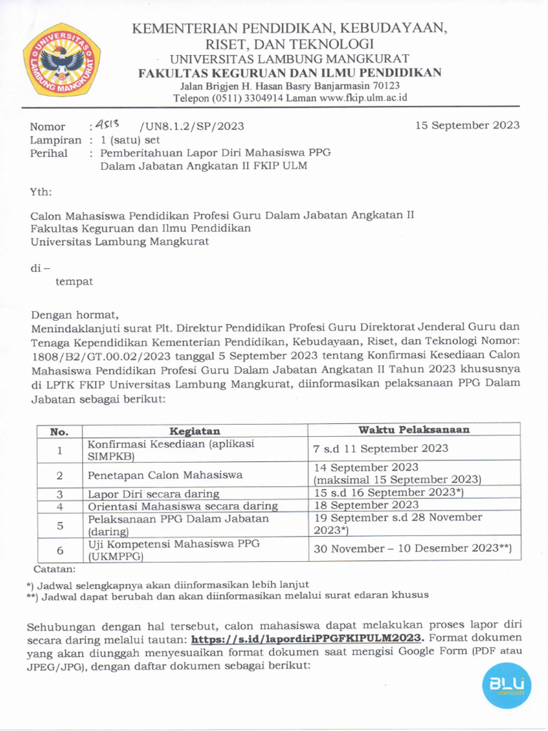 Mekanisme Lapor Diri PPG 2023 | PDF