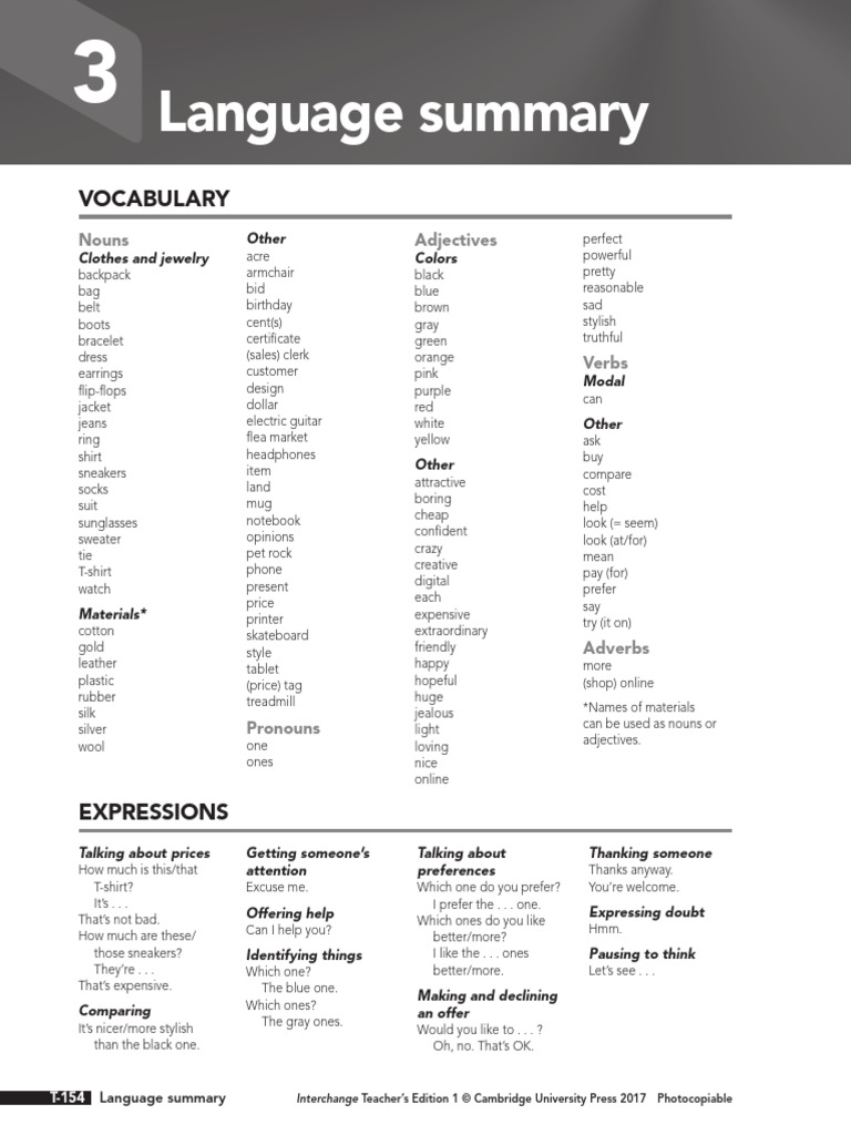 Interchange5thEd Level1 Language Summary Unit3 | PDF