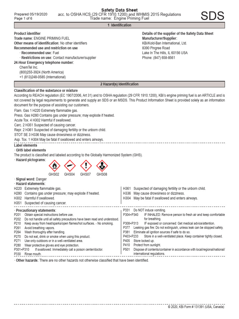 Engine Priming Fuel Safety Data Sheet | PDF | Labor Relations | Workplace