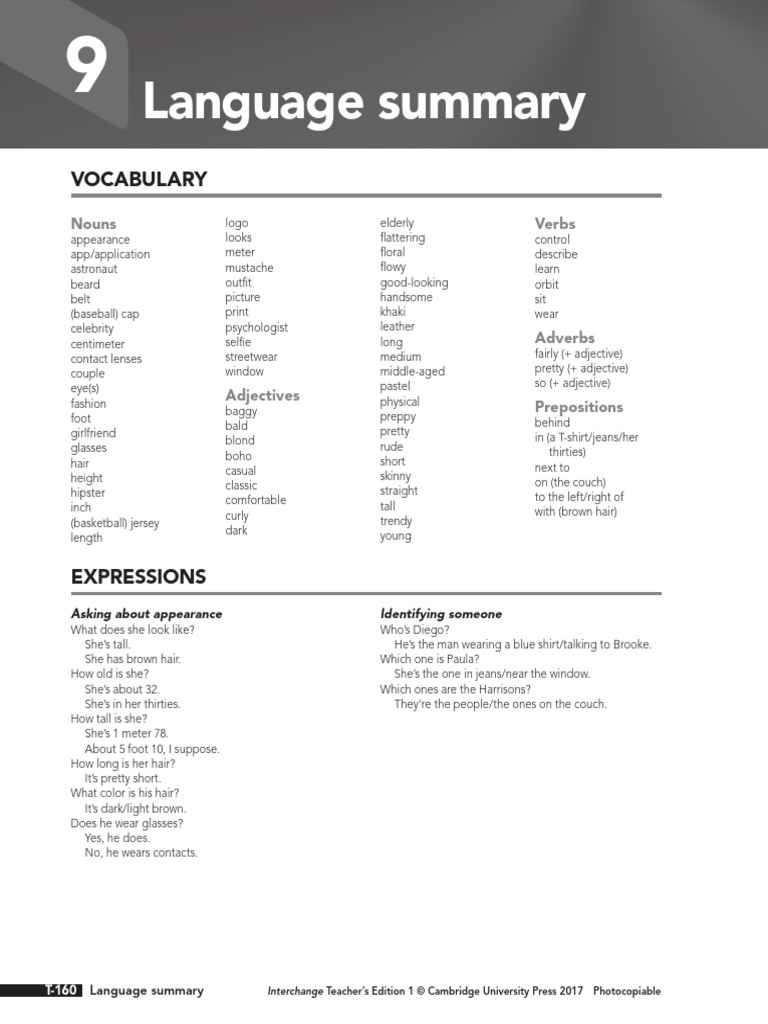Interchange5thEd Level1 Language Summary Unit9 | PDF | Adjective ...