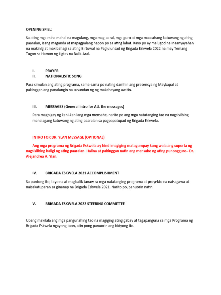 Brigada Eskwela Emcee Script | PDF Brigada Eskwela Emcee Script | PDF