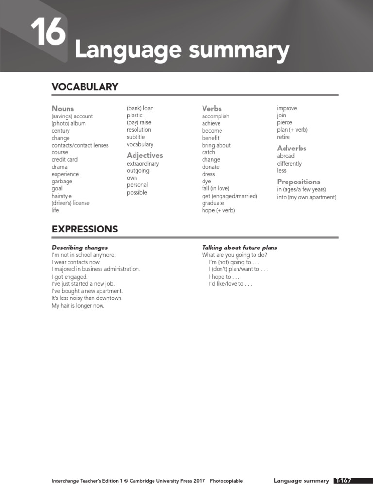 Interchange5thEd Level1 Language Summary Unit16 | PDF | Verb | Adverb