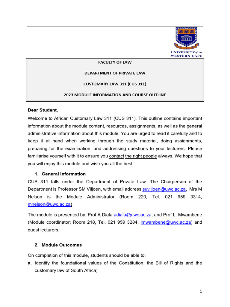 Customary Law 311 Course Guide | PDF | Marriage | Learning