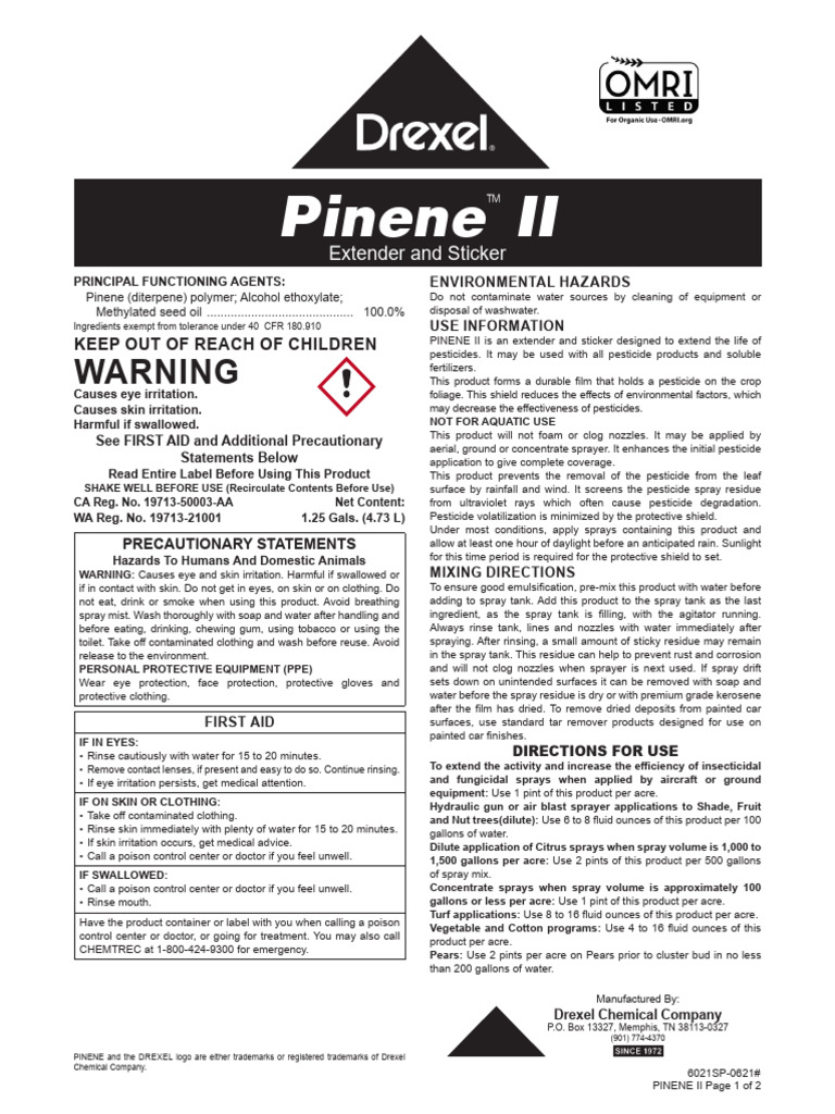 Drexel Pinene II OMRI Listed Label | PDF | Pesticide | Waste Management