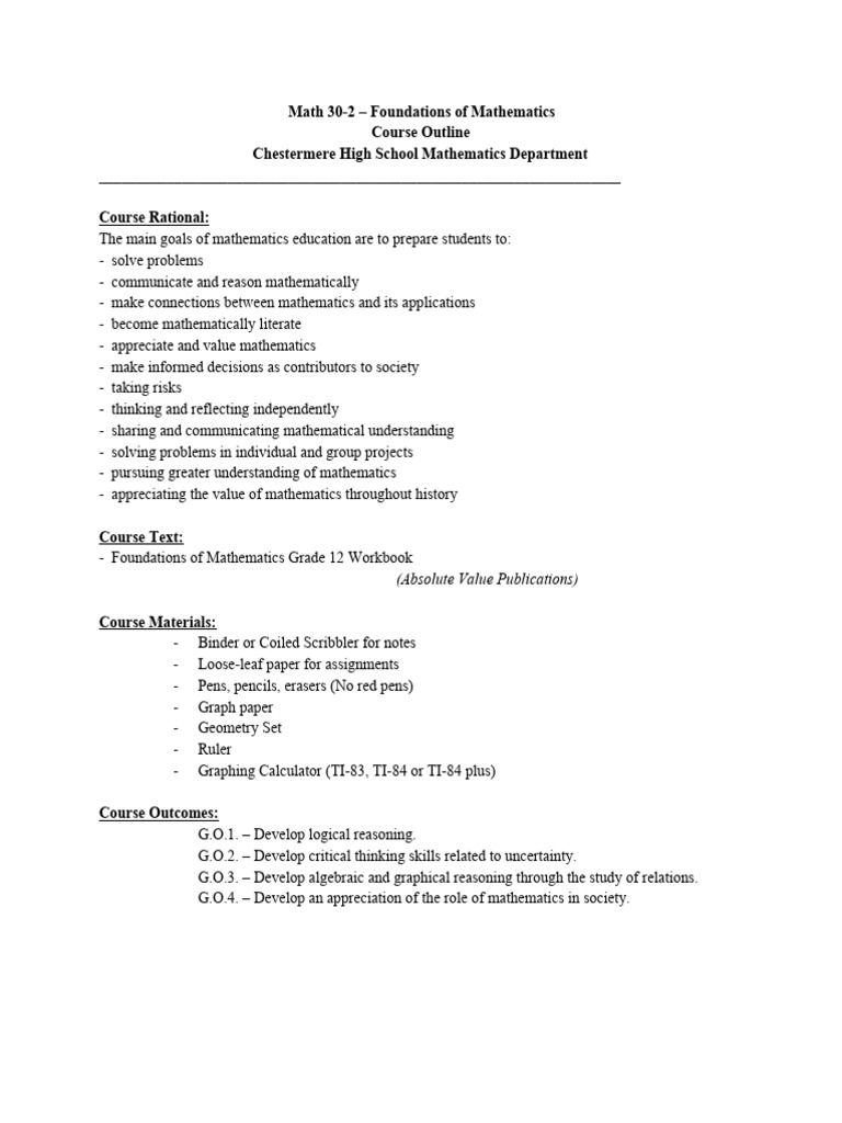 Math 30-2 2013 Foundations of Mathematics Course Outline | PDF ...