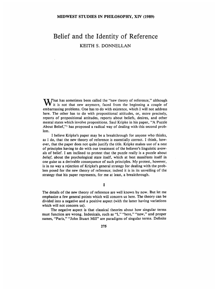 Keith Donnellan - Belief and The Identity of Reference | PDF ...