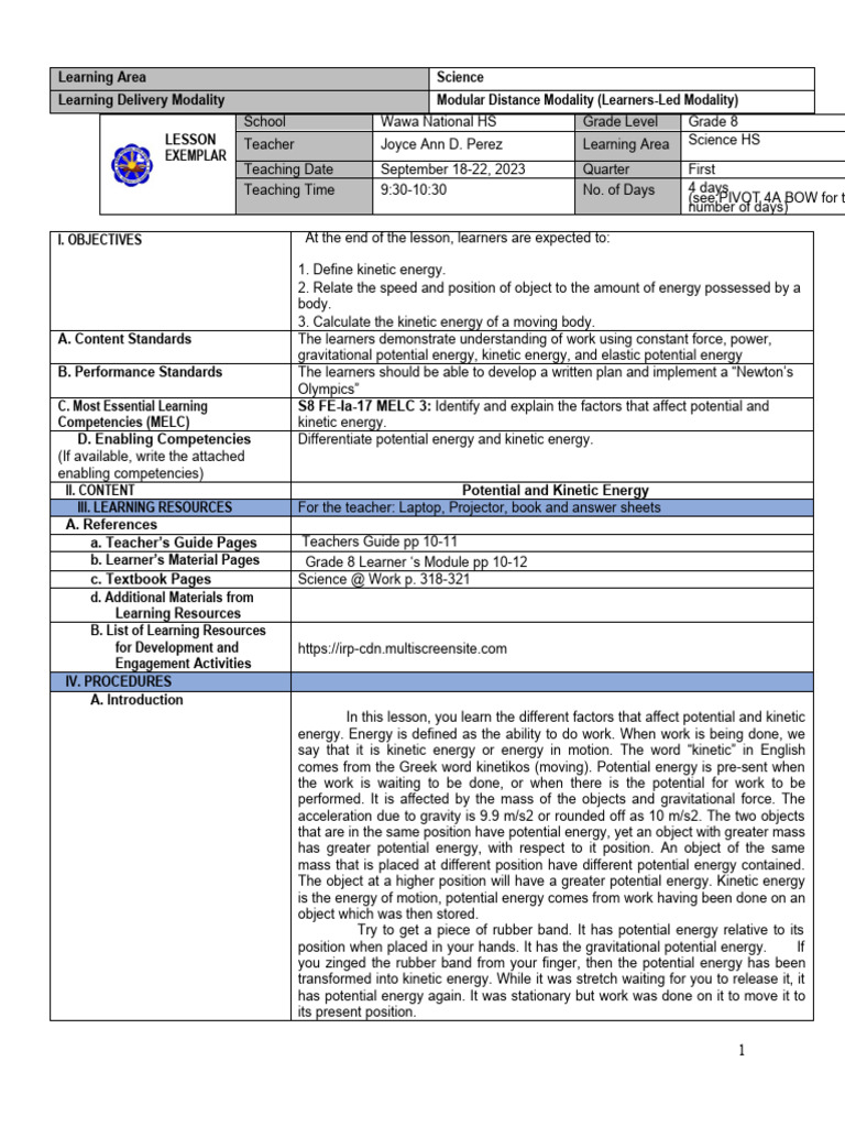 Grade 8 Science: Energy Lesson Plan | PDF | Kinetic Energy | Potential ...