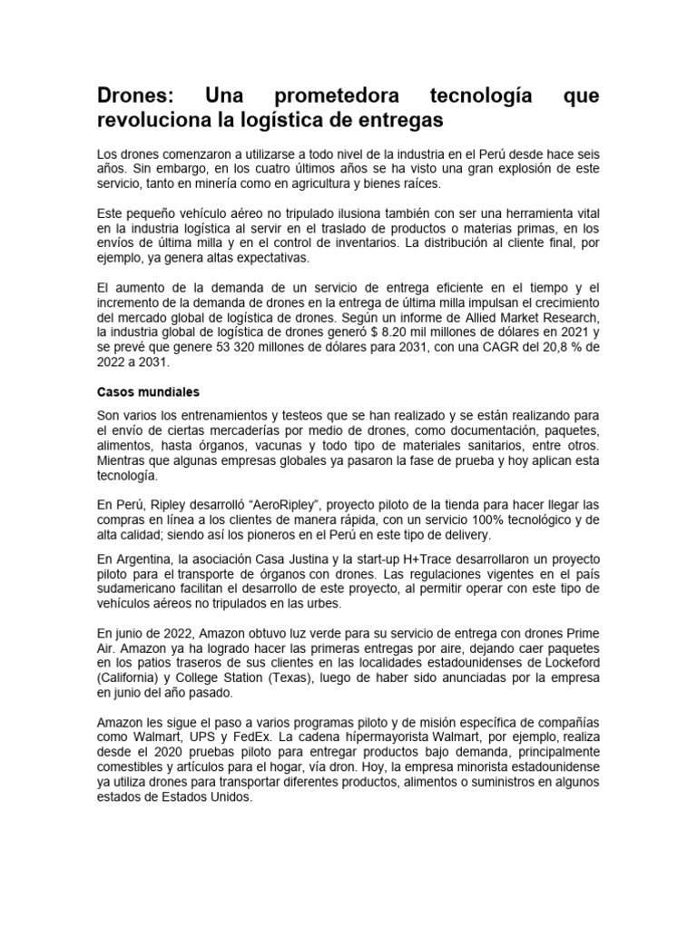 Artículo tendencia drones en ultima milla | PDF | Vehículo aéreo no ...