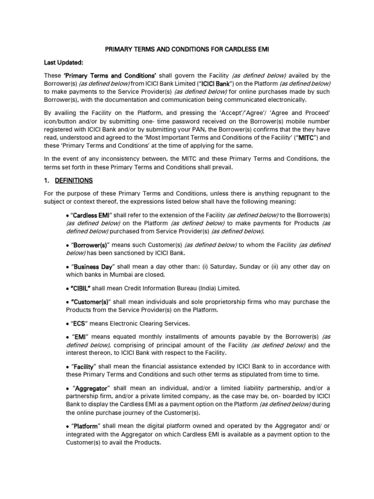 Primary Terms and Conditions Ecom Cardless Emi | PDF